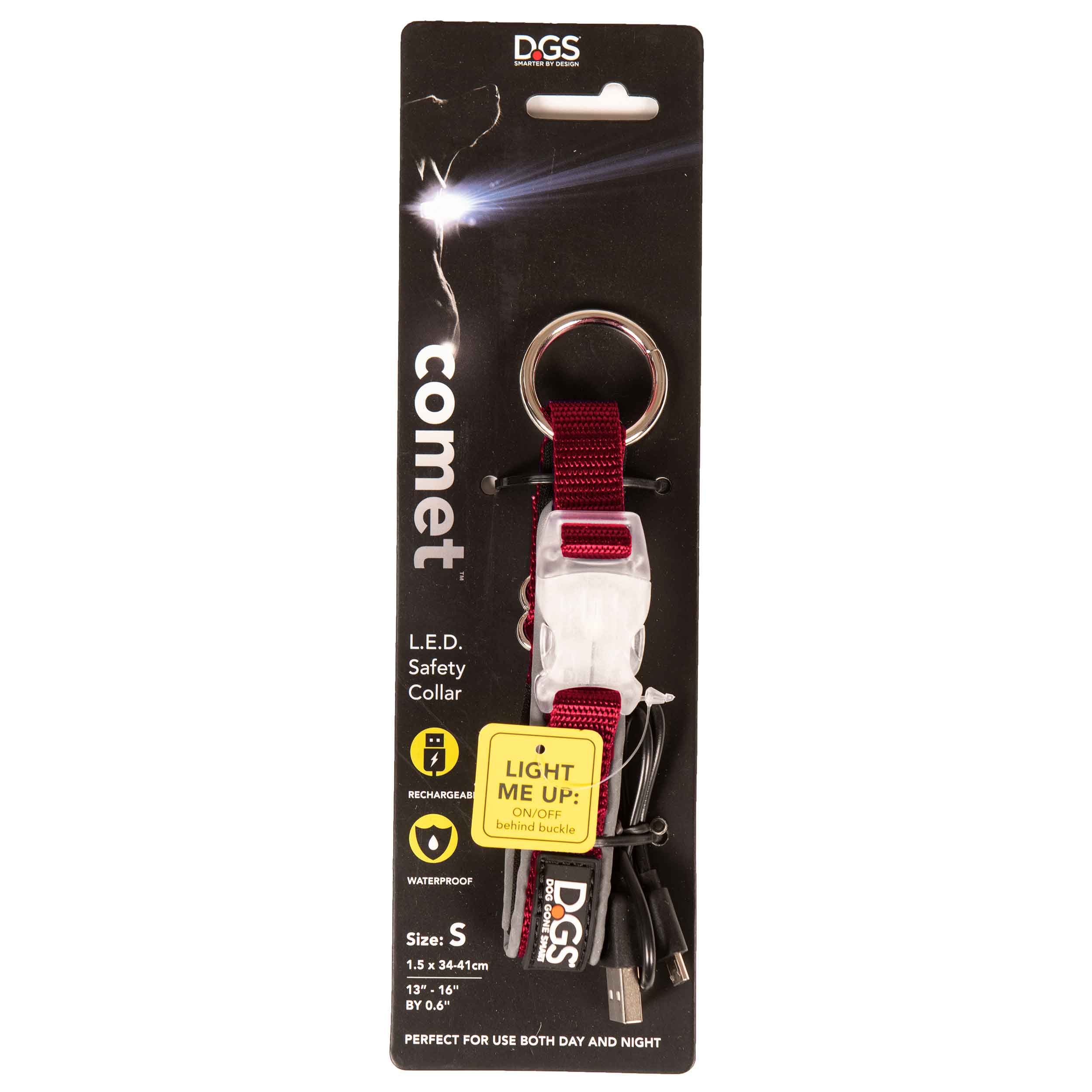 DGS Comet LED Dog Collar – Rechargeable Light Up Safety Collar, Red, S ...